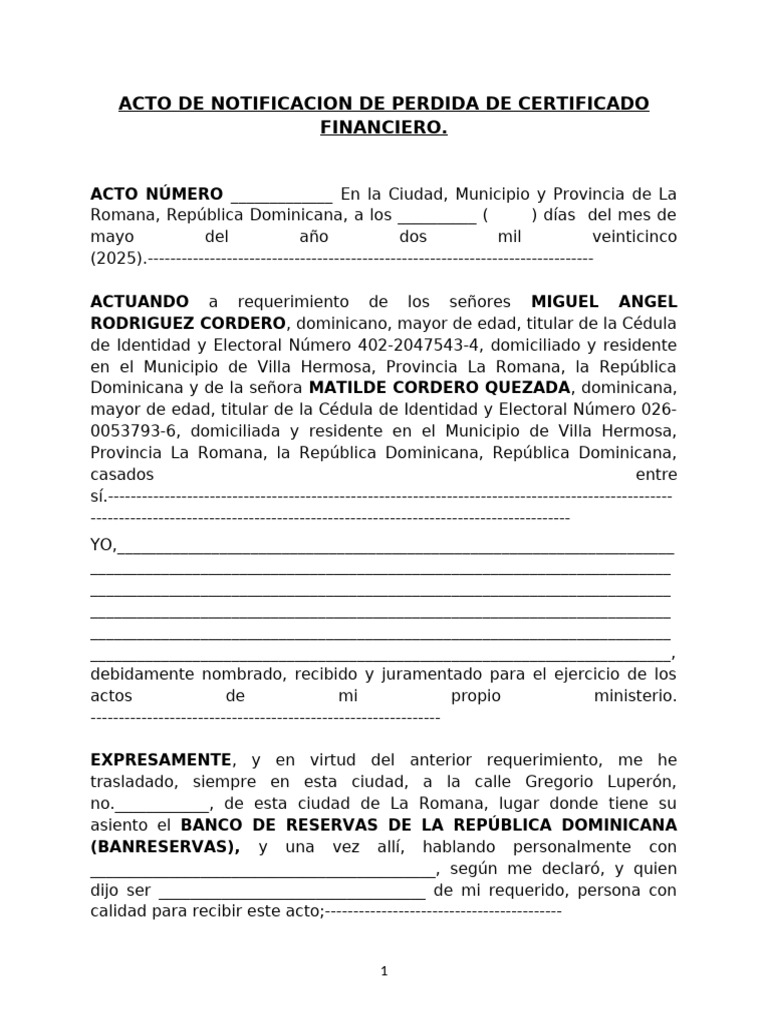 Notificación de Pérdida de Certificado Financiero | PDF