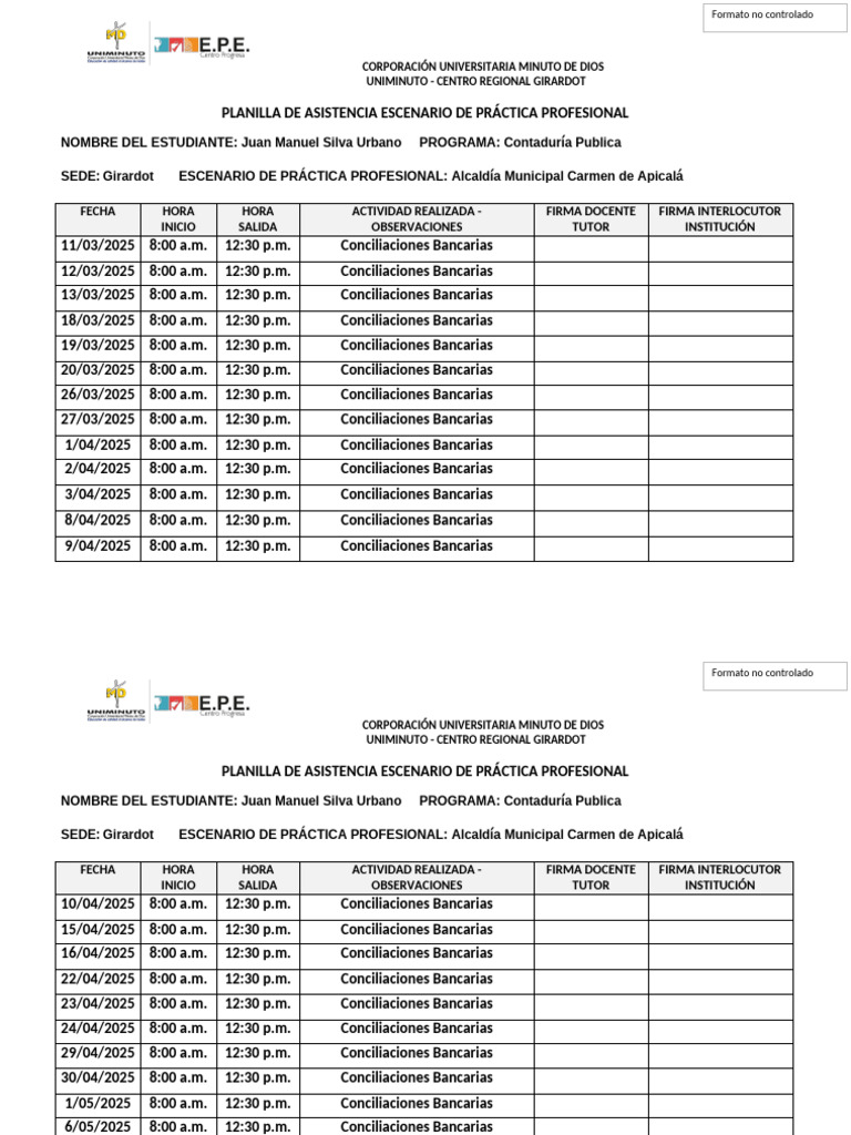 Planilla de Asistencia Escenarios de Práctica Profesional | PDF