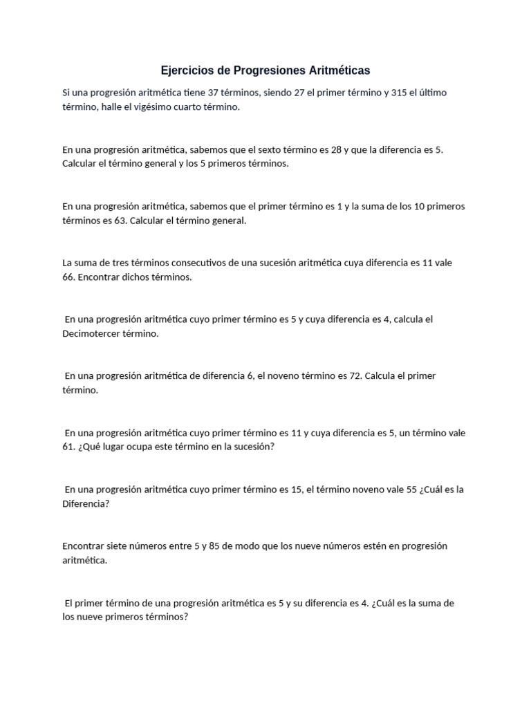 Ejercicios de Progresiones Aritméticas | PDF