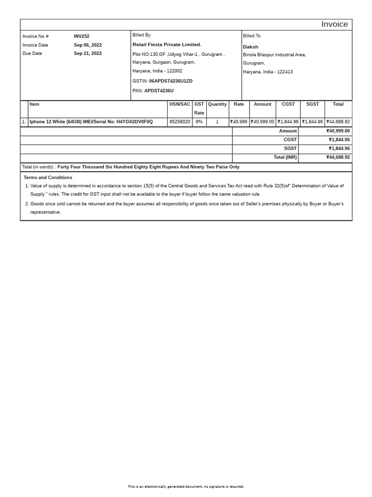 Invoice Inv252 Retail Fiesta Private Limited Daksh | PDF | Economy Of ...