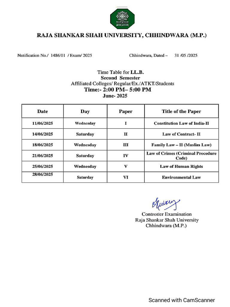 Time Table For LLB, B.A LLB June 2025 | PDF