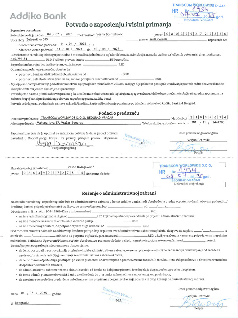 Potvrda Poslodavca Za Addiko-Signed | PDF