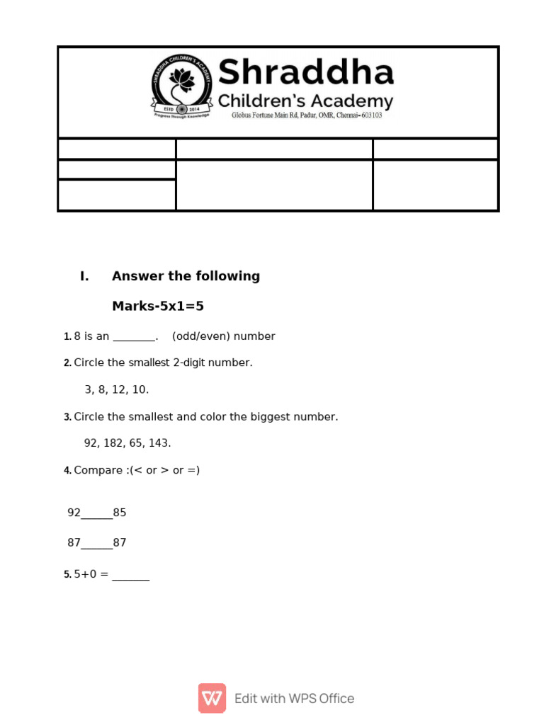 Math Round Test - 1 Grade 2 | PDF