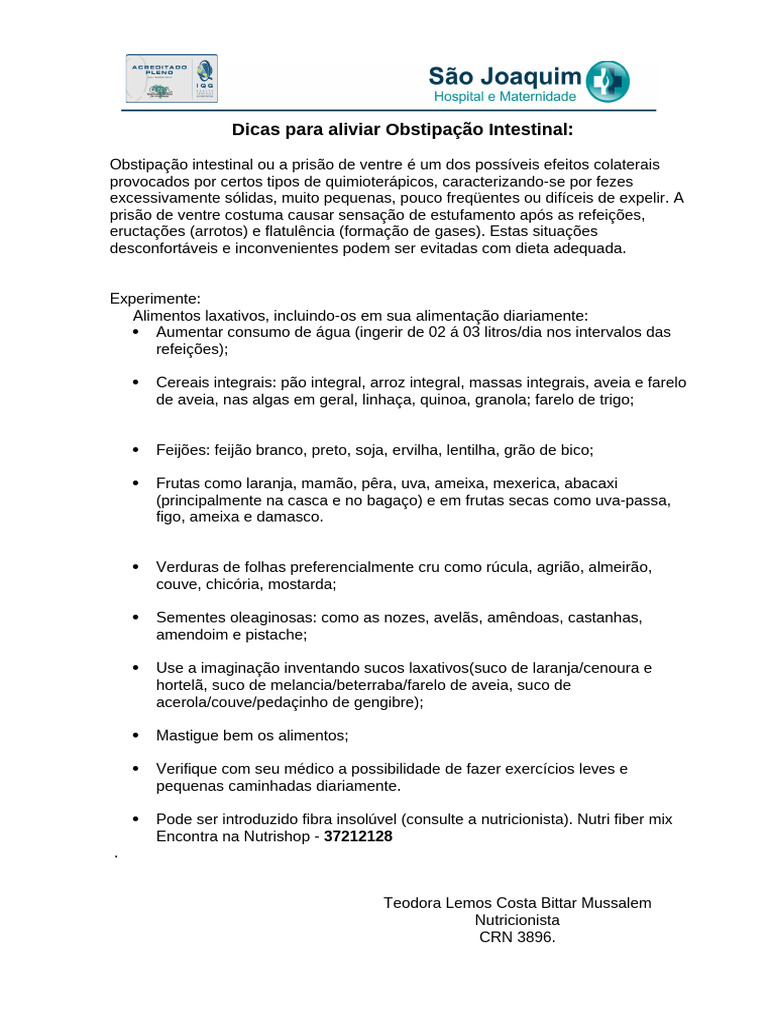 Dicas para Aliviar Obstipação Intestinal | PDF