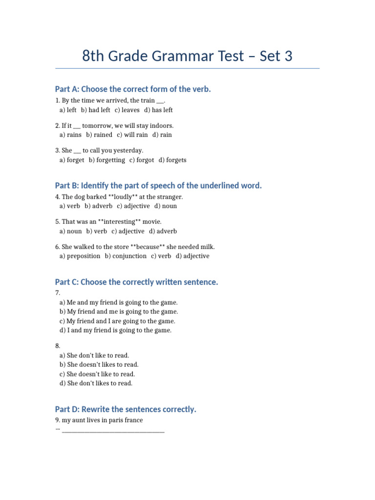 8th Grade Grammar Test Set 3 With Answers | PDF