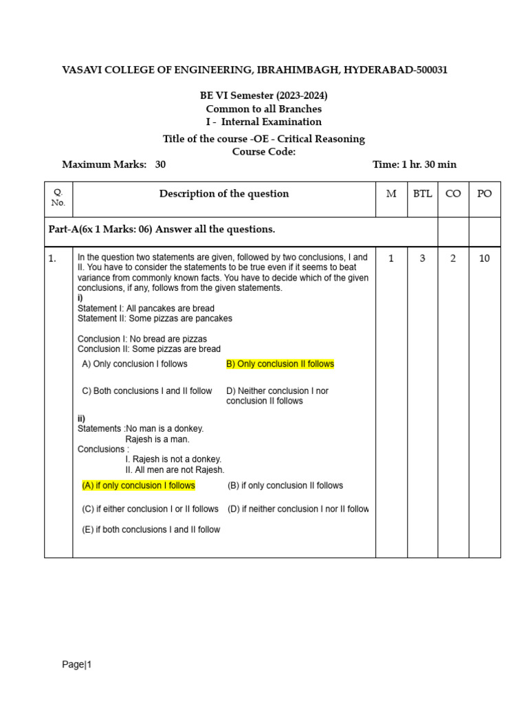 OE Critical Reasoning Internal I SET 1 Answer Key-2 | PDF | Red Hair