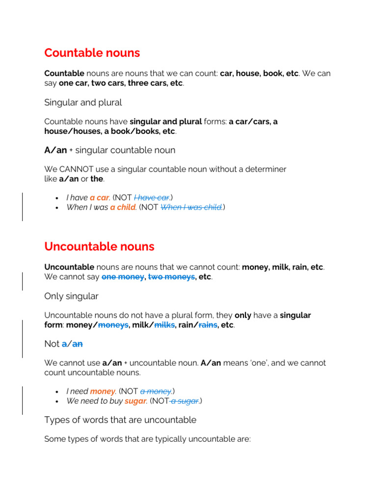Countable & Uncountable Nouns | PDF | Noun | Plural