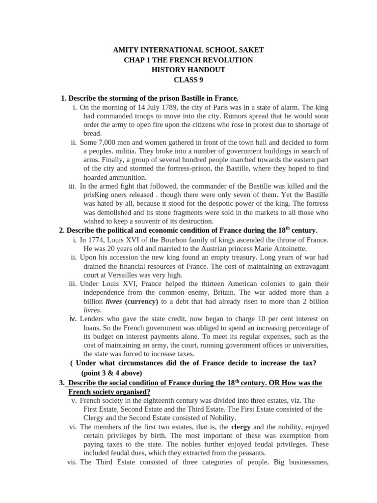 French Revolution Class 9 History Question and Answer Format | PDF ...