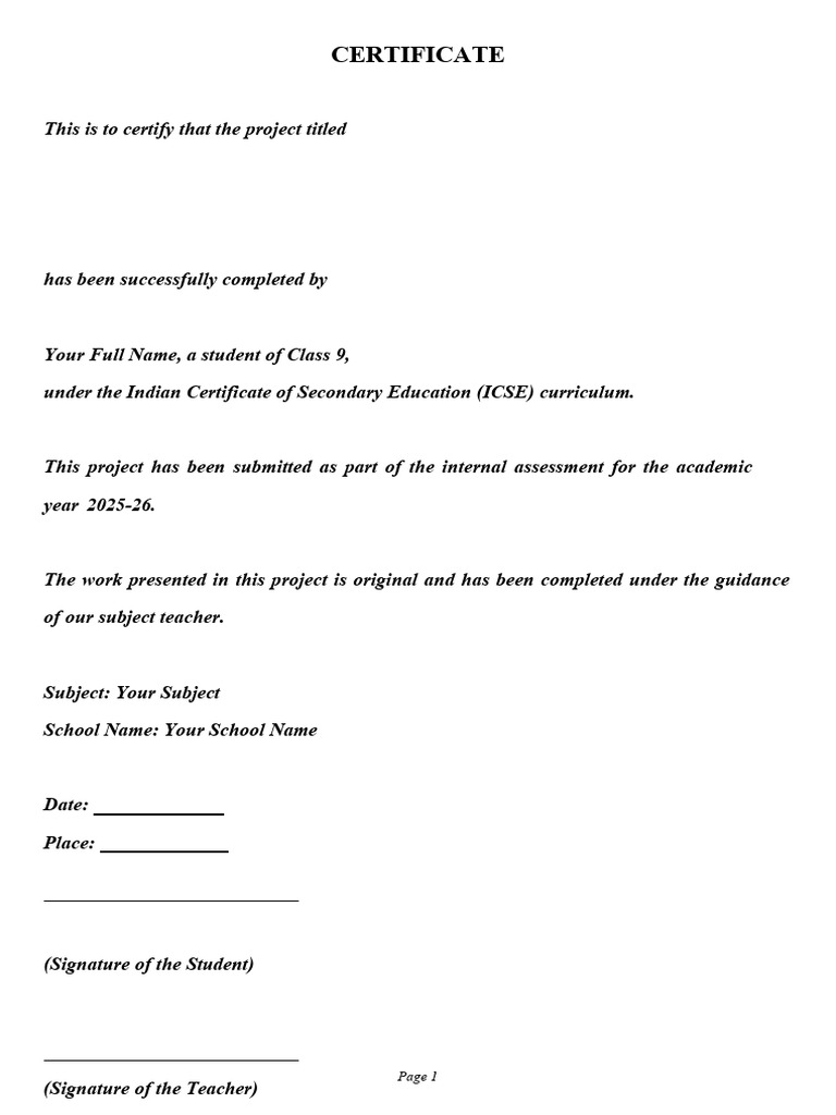 ICSE Project Certificate Final | PDF