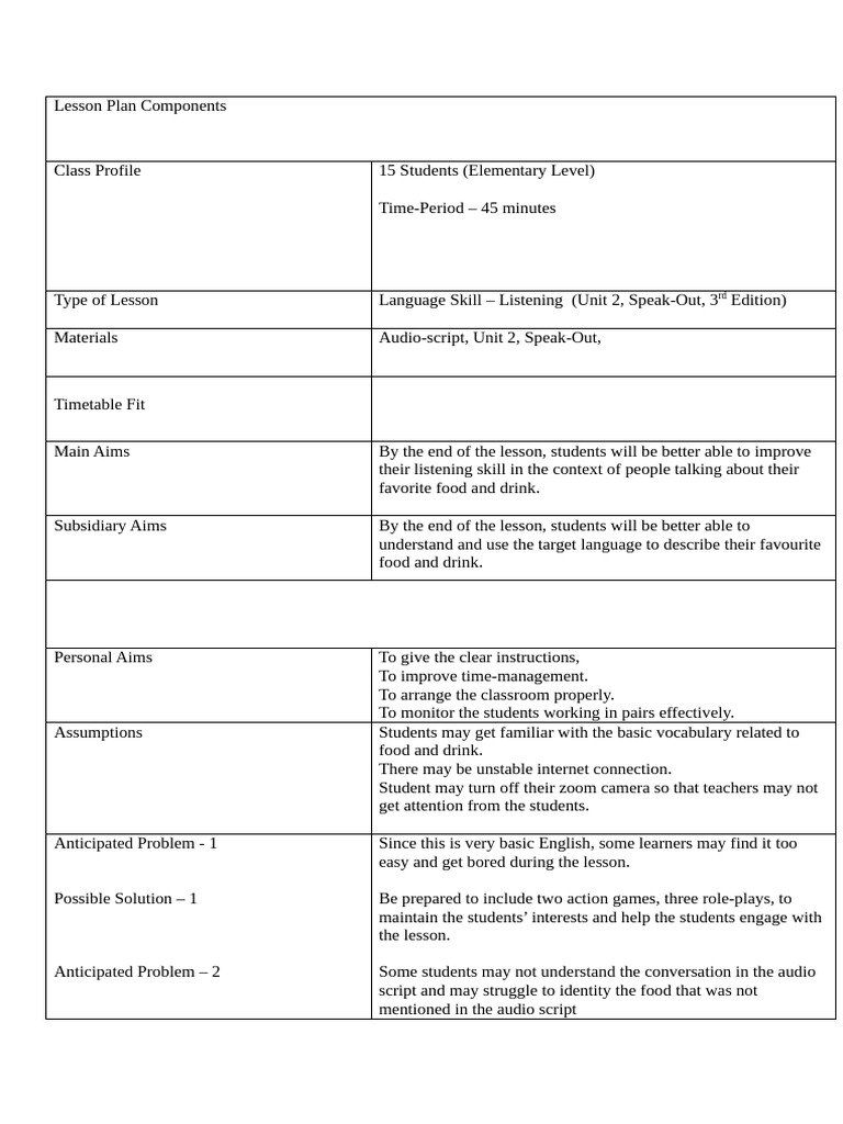 Lesson Plan Components, Listening Fbc6afa5 7fdb 4b51 b73f 743429407314 | PDF | Lesson Plan ...