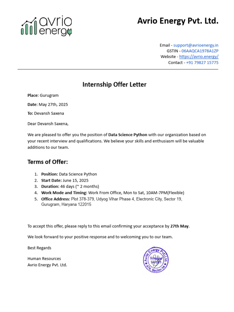 Devansh Saxena Offer Letter | PDF