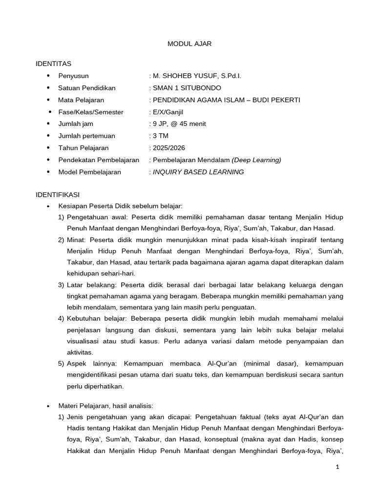 13.3. Modul Ajar PAI Fase E Kls X BAB 3 Menjalin Hidup Penuh Manfaat Dengan Menghindari Berfoya ...