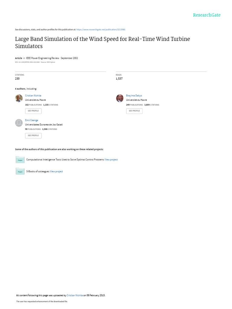 Large Band Simulation of The Wind Speed For Real Time Wind Turbine ...