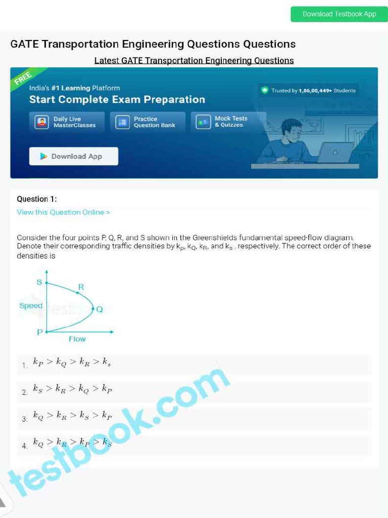 Gate Transportation Engineering Questions 63914e203b9fef3bff98b2bc | PDF