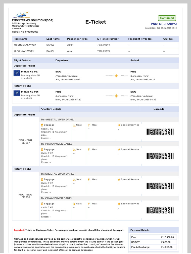 BDQ To PNQ To BDQ 12-7-2025 Sheetal | PDF | Airlines | Transport