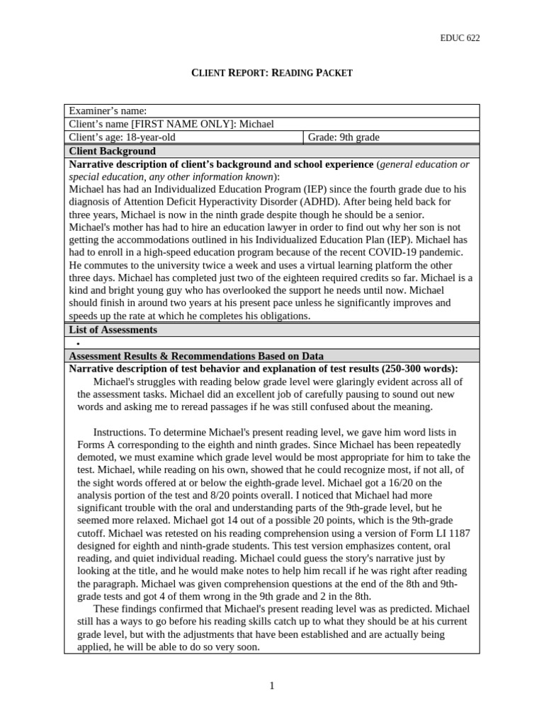 Michael's Reading Assessment Report | PDF | Individualized Education ...