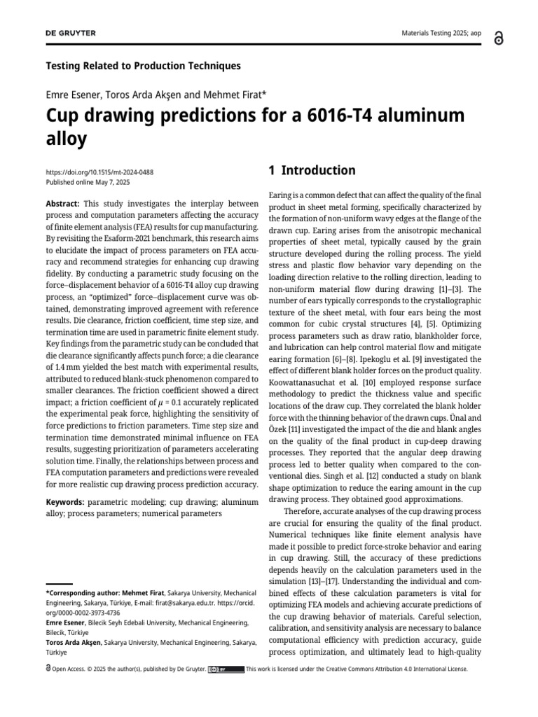 Cup Drawing FEA for 6016-T4 Alloy | PDF | Finite Element Method | Force