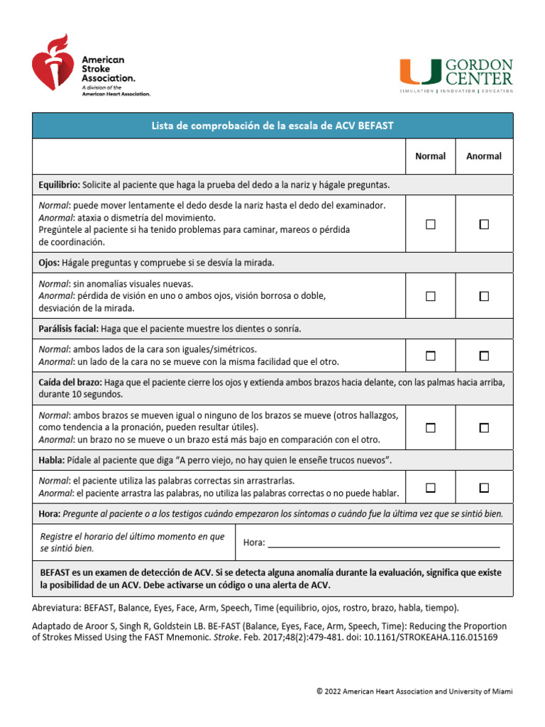 Checklist de Escala BEFAST para ACV | PDF
