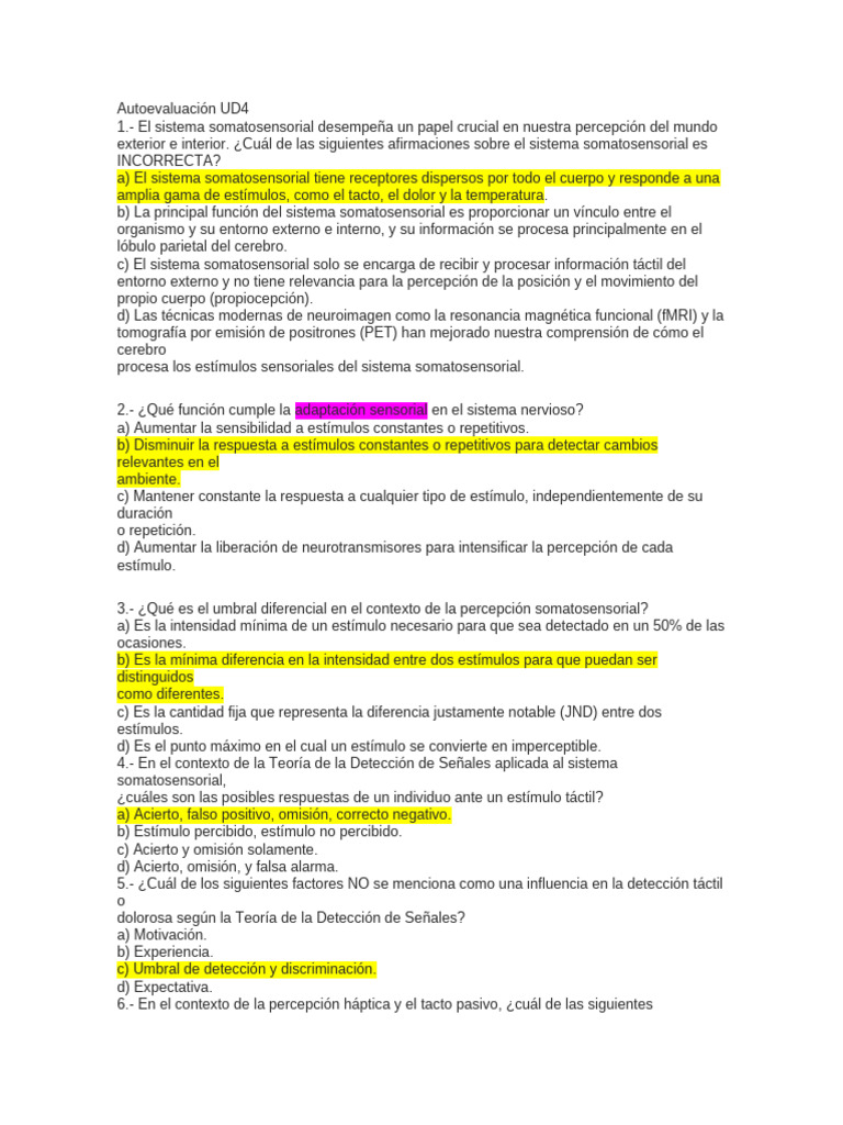 Autoevaluación UD4 Somatosensorial | PDF | Sistema somatosensorial | Dolor