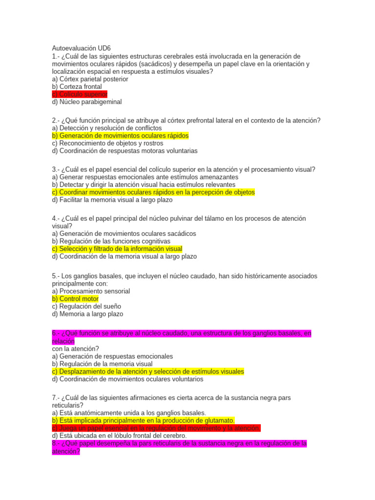 Autoevaluación UD6 Atencion | PDF | Corteza visual | Cerebro
