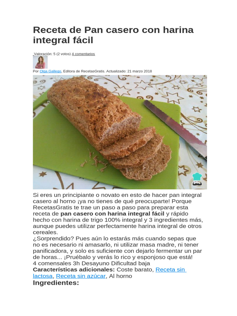 Receta de Pan Casero Con Harina Integral Fácil | PDF | Panes | Trigo