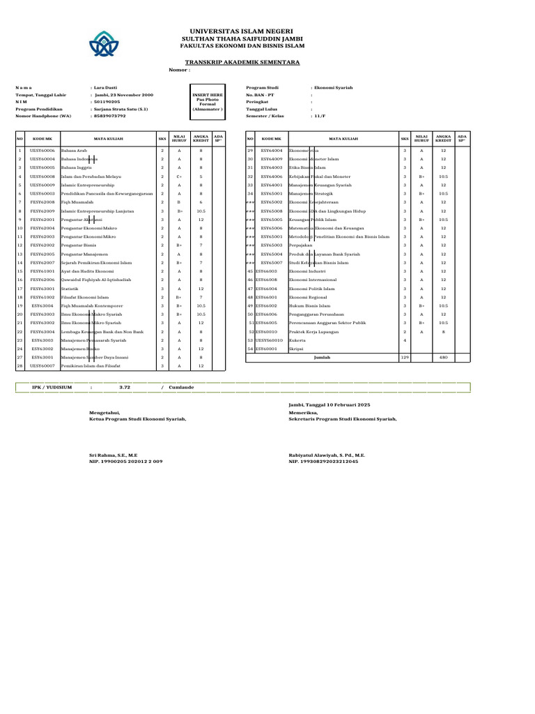 Format Transkrip Nilai Sementara Angkatan 2021 | PDF