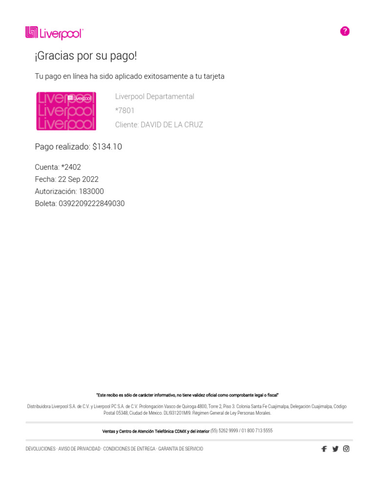 Comprobante de Pago Liverpool Chile | PDF
