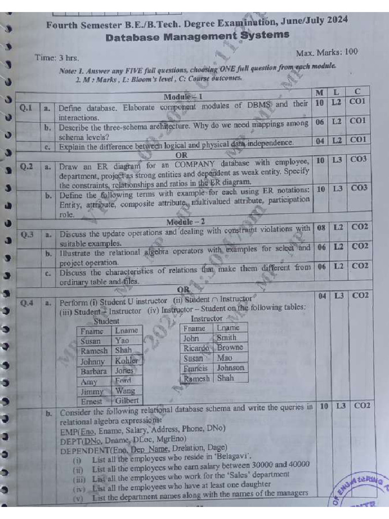 DBMS Previous Year Question Paper | PDF