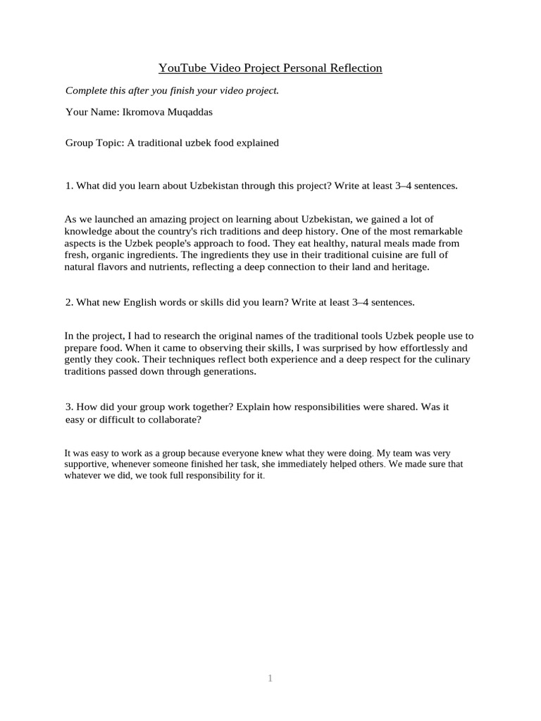 YouTube Video Project Personal Reflection | PDF