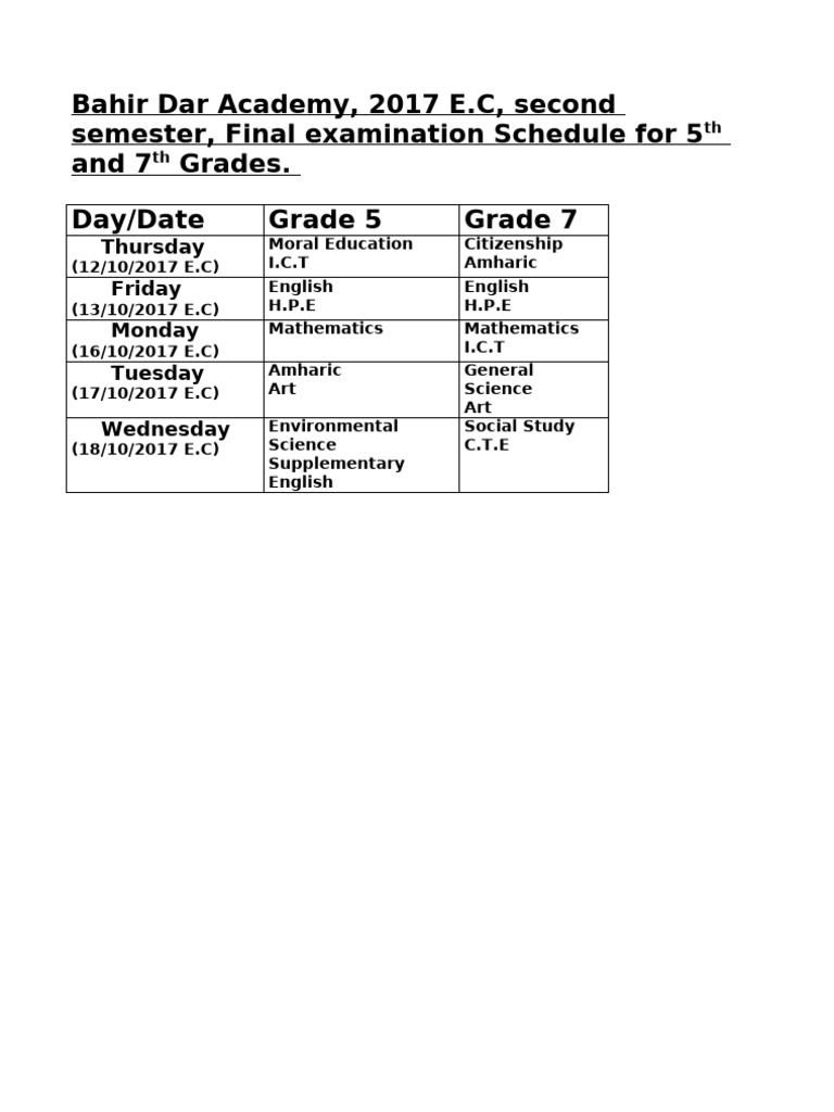 2017, Second Semester, Final Exam Schedule | PDF