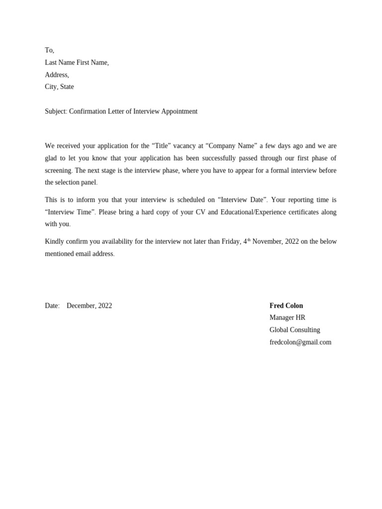 Interview Appointment Confirmation Letter | PDF