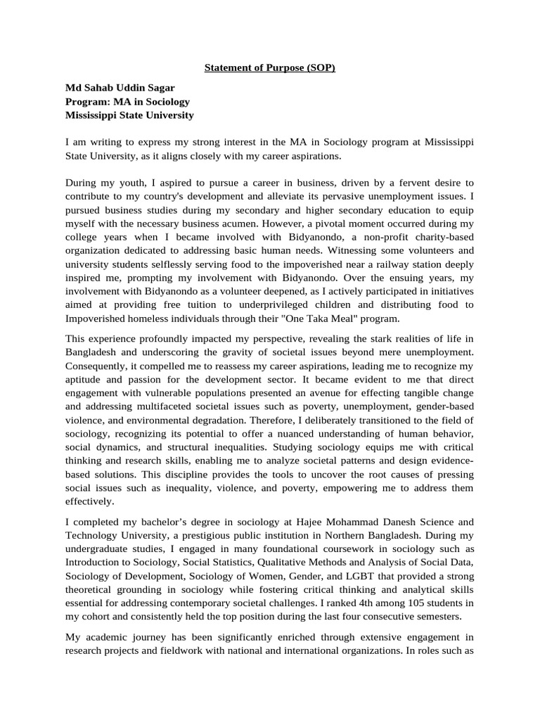 MA in Sociology Statement of Purpose | PDF | Sociology | Gender