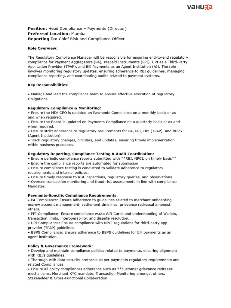 Head Compliance - Payments (Director) | PDF | Regulatory Compliance ...