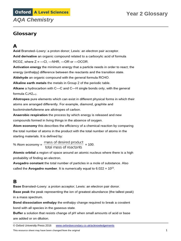 AQA A Level Chemistry Y2 Glossary | PDF | Chemical Reactions | Chemical ...