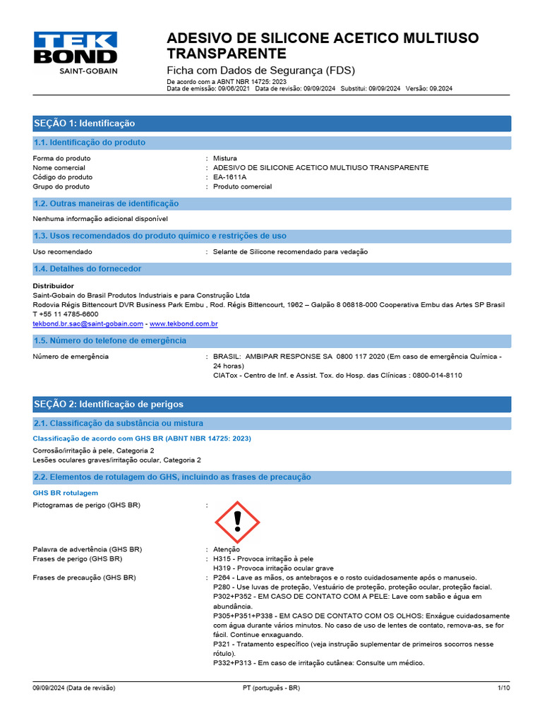 FDS - Adesivo de Silicone Acetico Multiuso Transparente - Tekbond | PDF | Dióxido de carbono ...