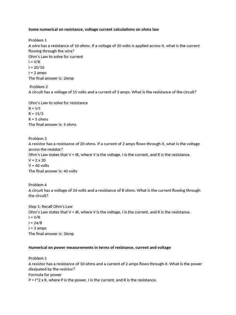 Numerical Analysis of Resistance and Power | PDF | Resistor | Series ...