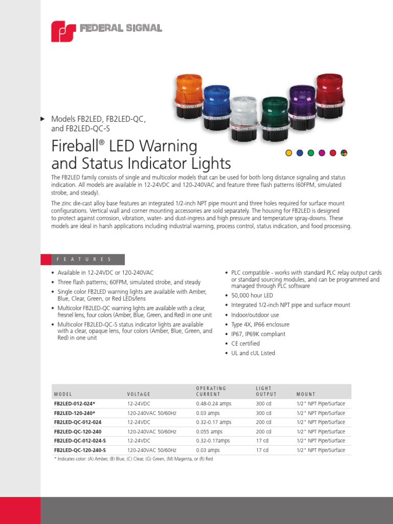 Fireball LEDLED QC Warning Light Data Sheet S1225 | PDF | Light ...