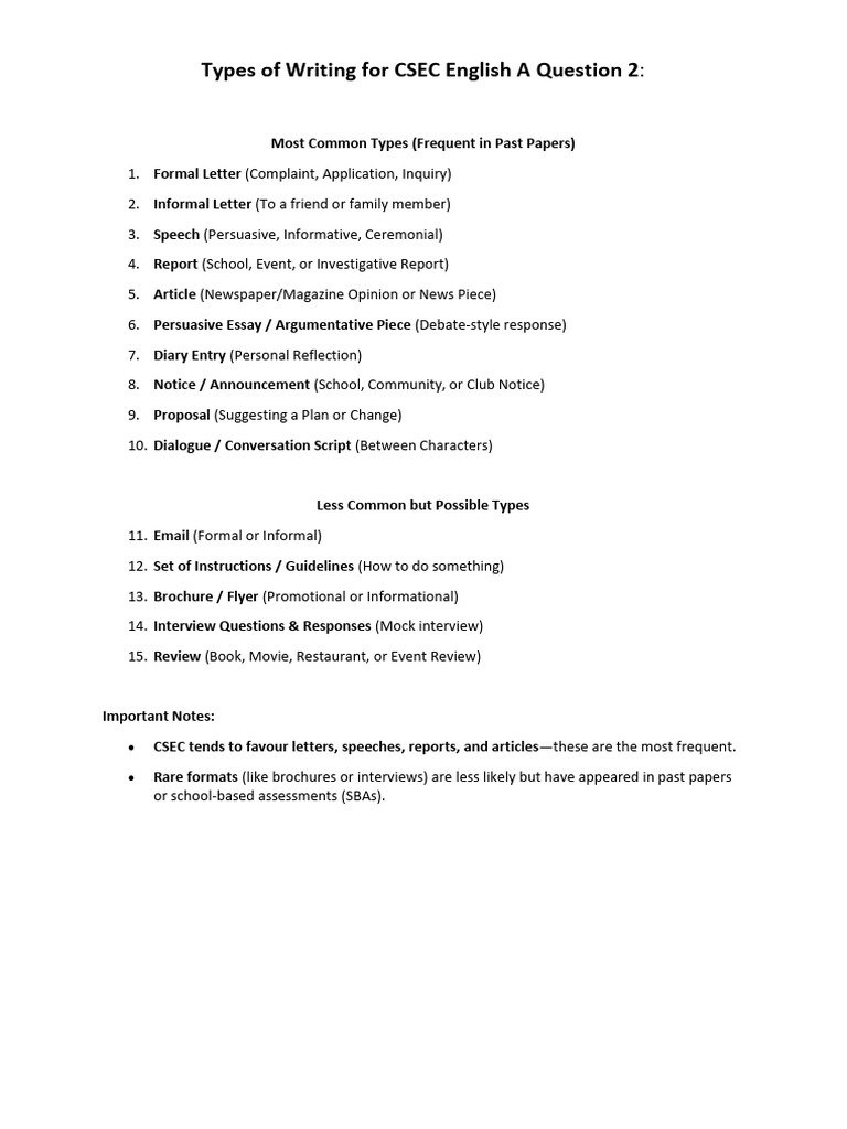 CSEC English A Writing Types Guide | PDF
