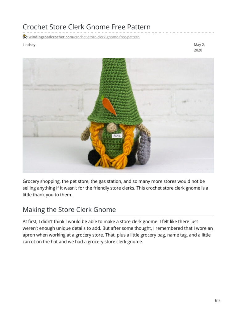 Free Crochet Store Clerk Gnome Pattern | PDF | Crochet | Textile Arts