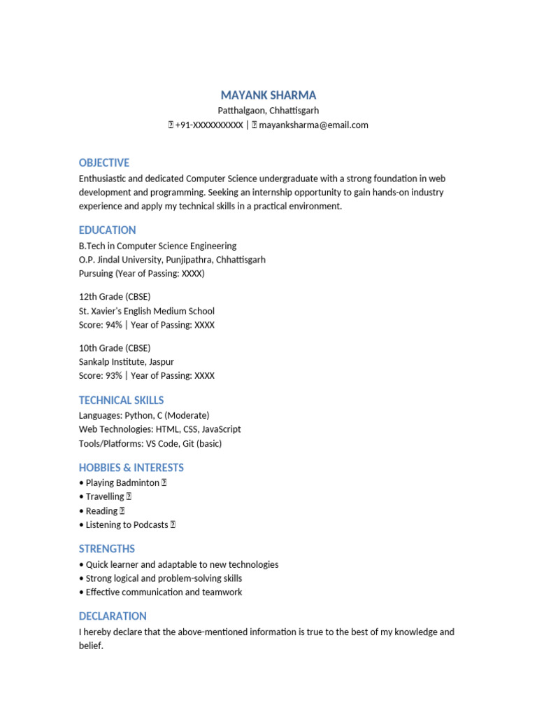 Mayank Sharma Internship Resume | PDF