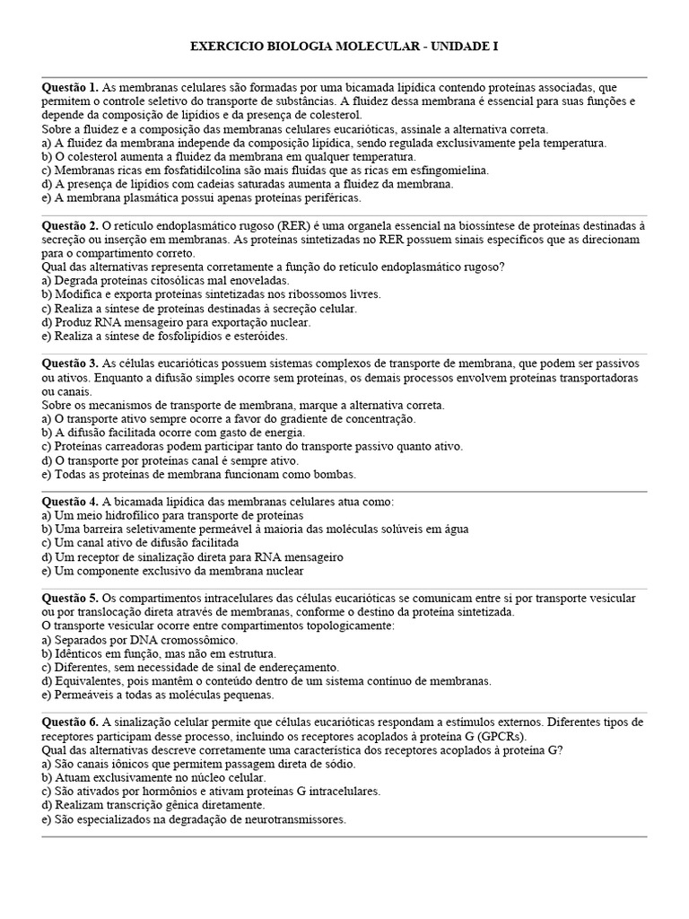 Lista Exercicios - Biologia | PDF | Célula (Biologia) | Membrana celular