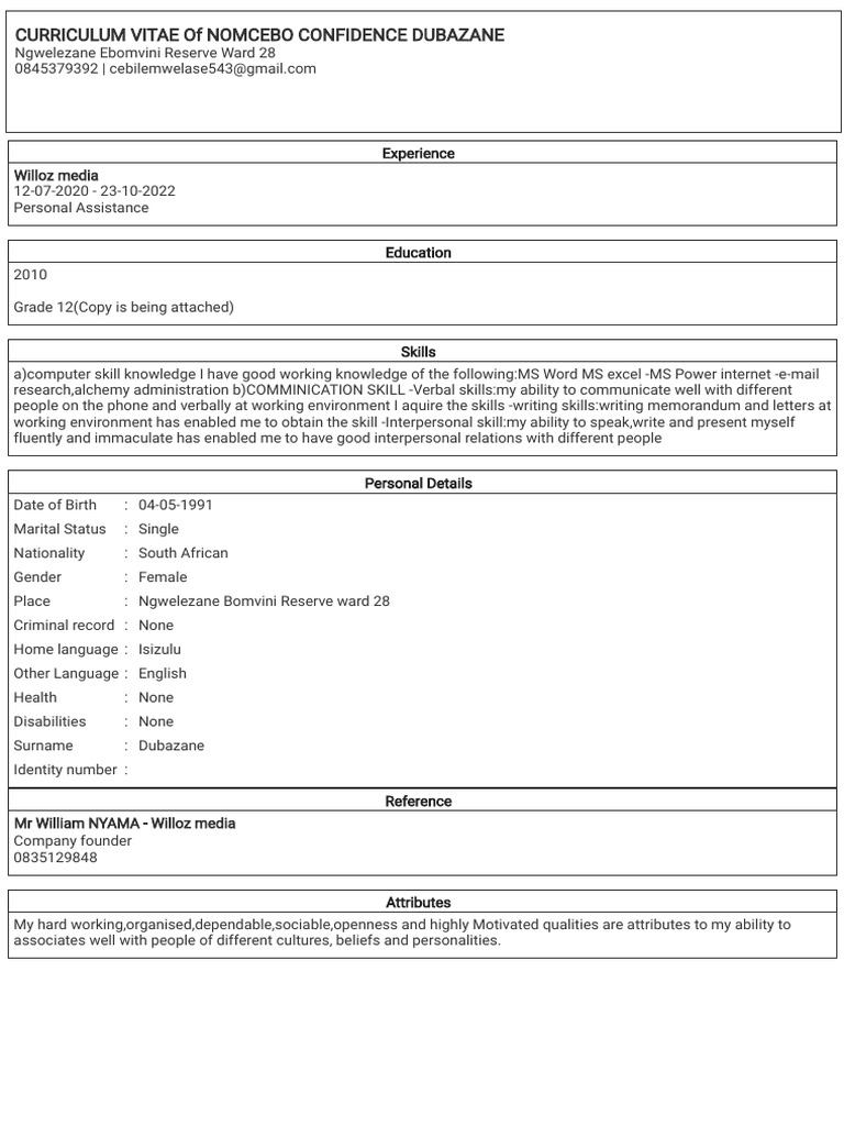 Curriculum Vitae of Nomcebo Confidence Dubazane: Experience Willoz ...