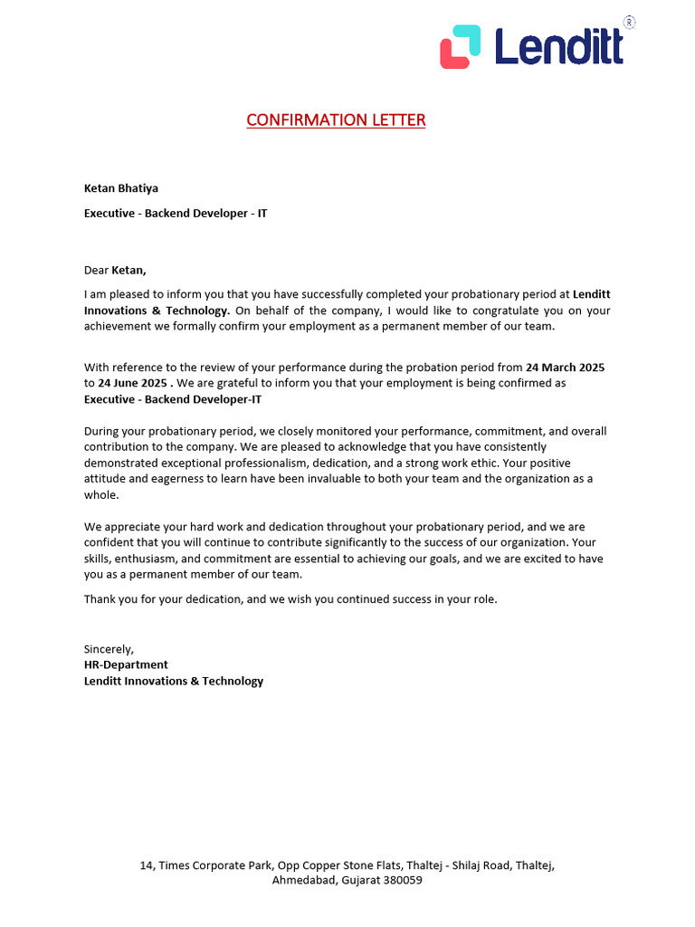 Confirmation Letter Draft Lenditt | PDF