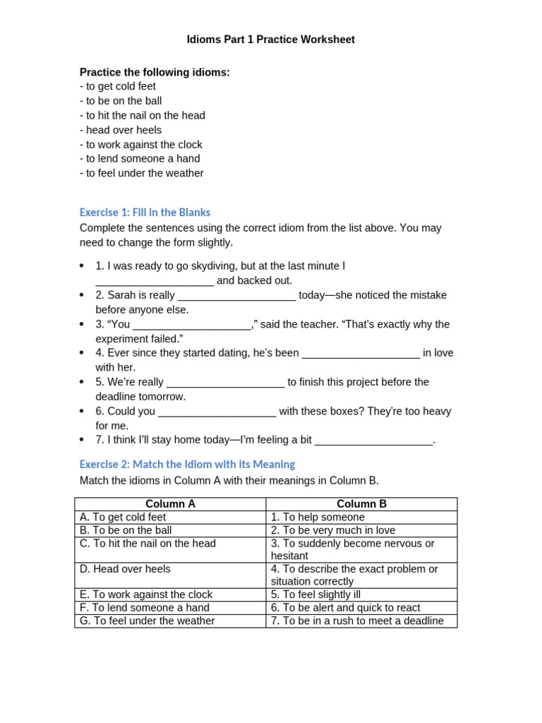 Idioms PART 1 - Practice - Worksheet | PDF