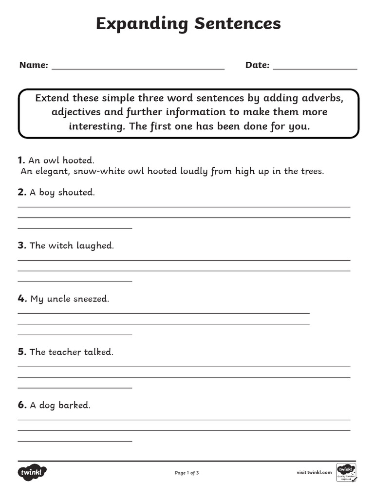 Expanding Sentences Practice Worksheet | PDF