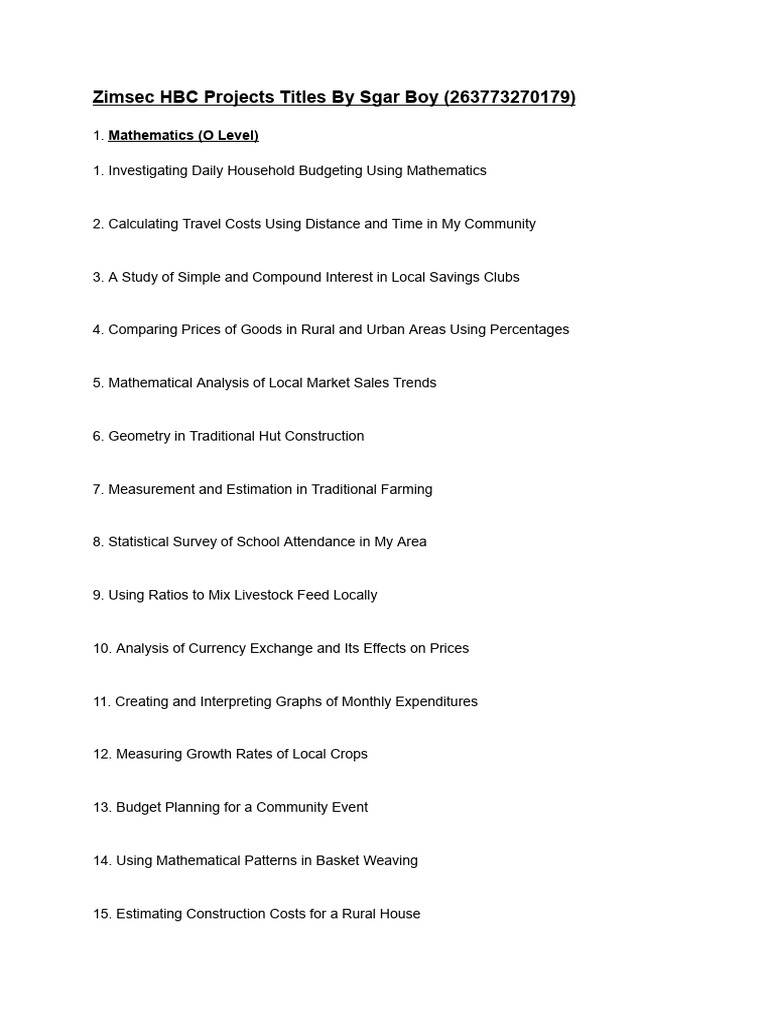 Updated Zimsec HBC Projects Titles For o Levels by Sgar Boy (263773270179) | PDF | Agriculture ...