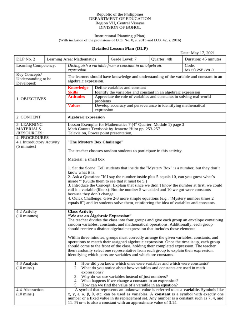 Grade 7 Math Lesson Plan: Variables & Constants | PDF | Variable ...