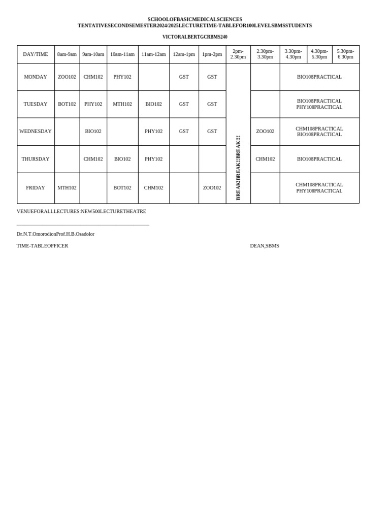 100 Level Time Table For SBMS | PDF