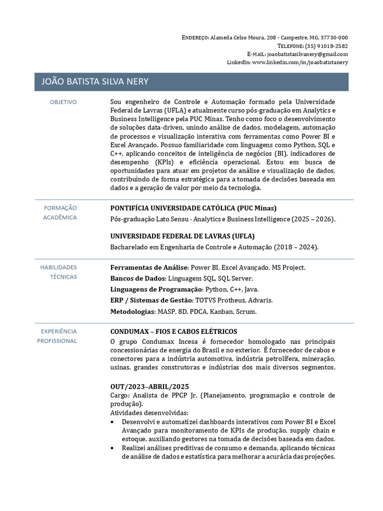 CV-João Batista Silva Nery | PDF | Cadeia de suprimentos | Planejamento de recursos empresariais