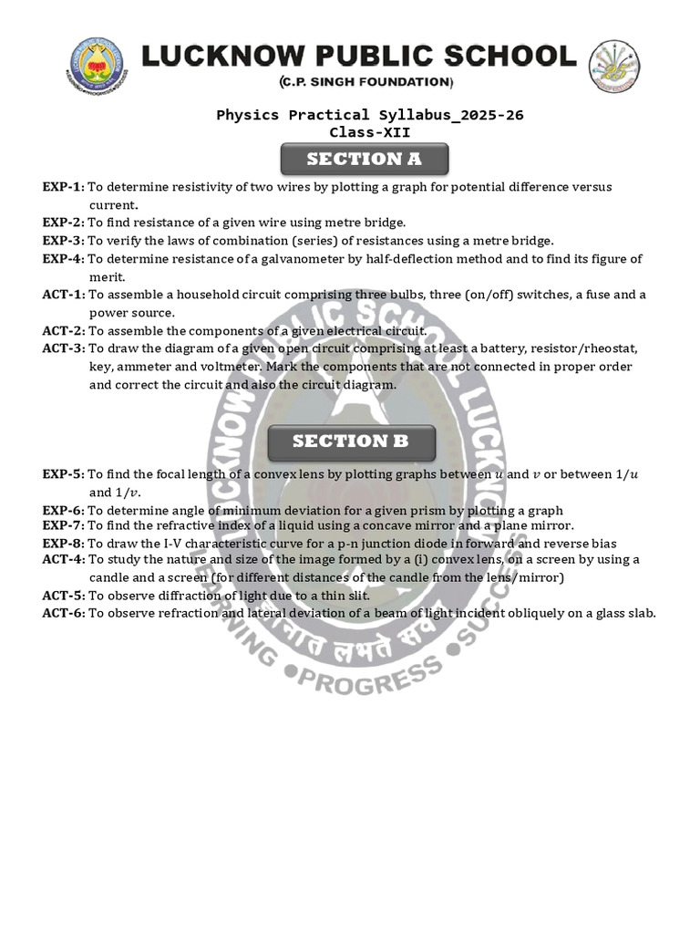 Class XII Physics Practical Syllabus - 2025-26 | PDF